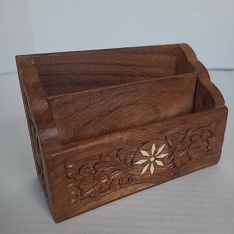 Vintage Hand Carved Wood Letter Holder Desktop Organizer | eBay