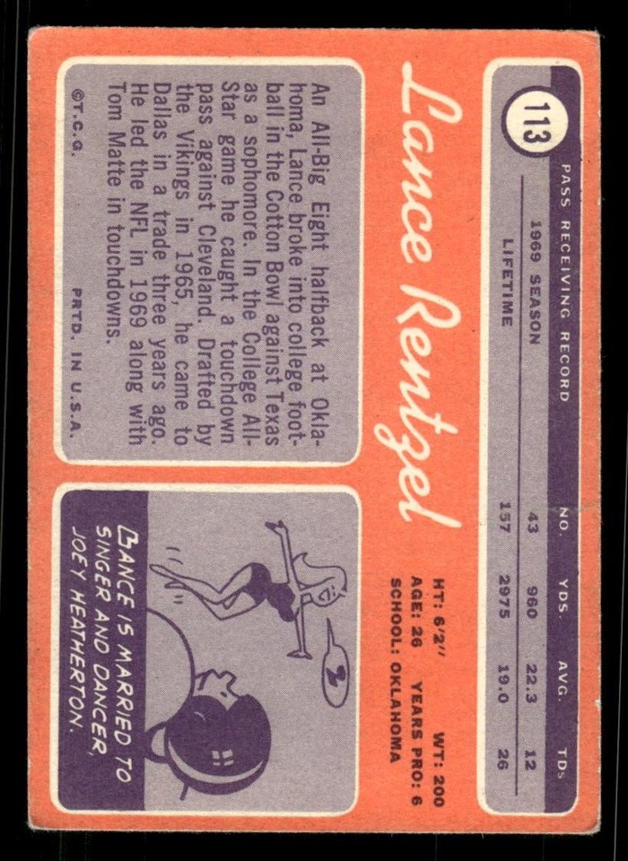 1970 TOPPS LANCE RENTZEL 113 VG WHITE NAME FOOTBALL DALLAS COWBOYS | eBay