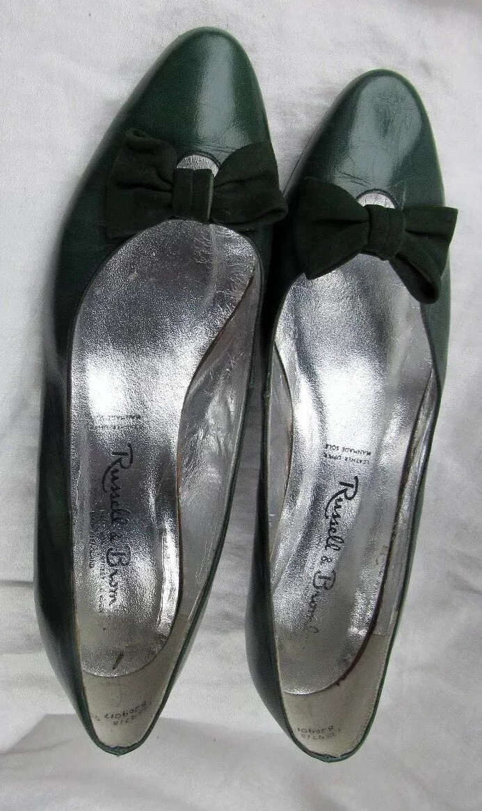 Vintage Shoes Russell & Bromley 9.5C Green Leather Pointed Toe Bow Low ...