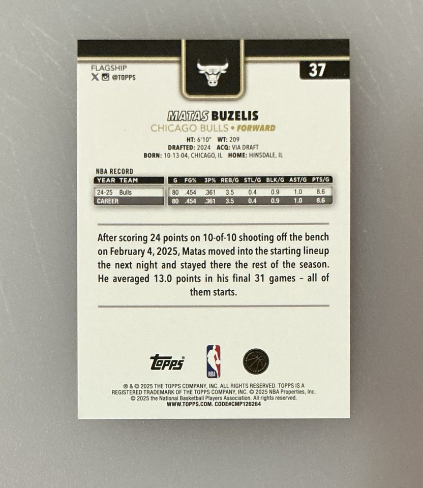 Matas Buzelis 2025-26 Topps Basketball Blackout Black Friday Card #37 ...