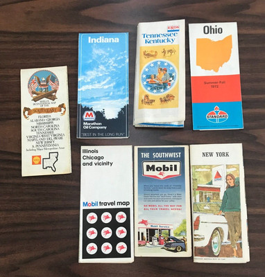 7 gas station road maps, Standard, Marathon, Exxon, Shell, Citgo, Mobil ...