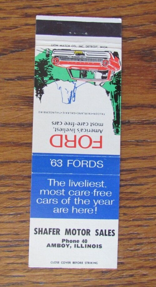 1963 SHAFER FORD CAR DEALER MATCHBOOK COVER: AMBOY, ILLINOIS EMPTY ...