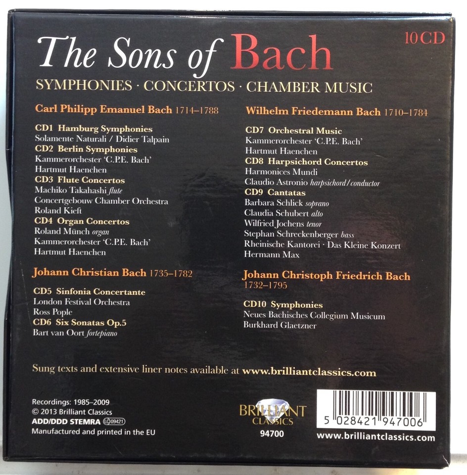 The Sons of Bach: Symphonies; Concertos; Chamber Music (10 CD Box Set ...