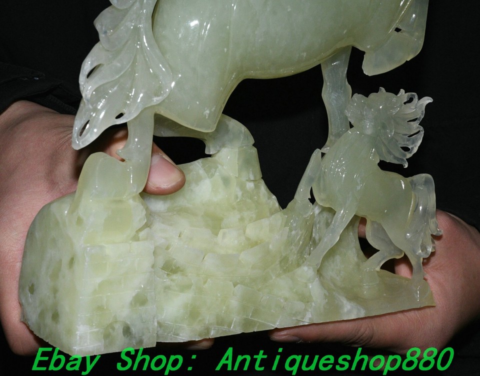 11.8''Chinese Natural Xiu Jade Carved Mother Son Animal Horse Statue ...