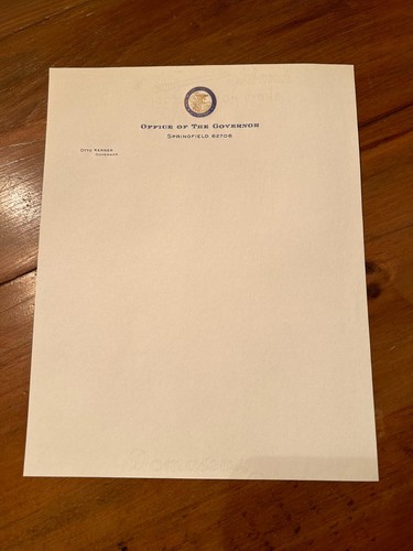 Illinois Governor Otto Kerner engraved official letterhead unused 1960 ...