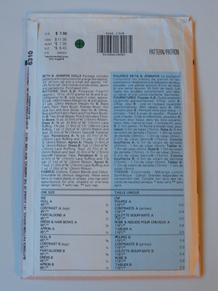 Butterick 6310 Beth Jennifer Dolls Clothes Pattern Cut Complete Hickory ...