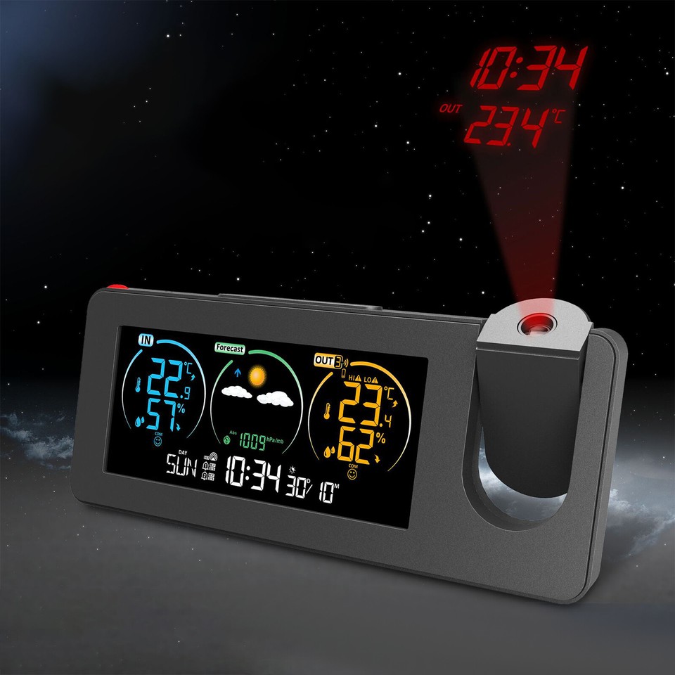 Projection Alarm Clock Projector Radio-controlled Time Snooze Weather ...