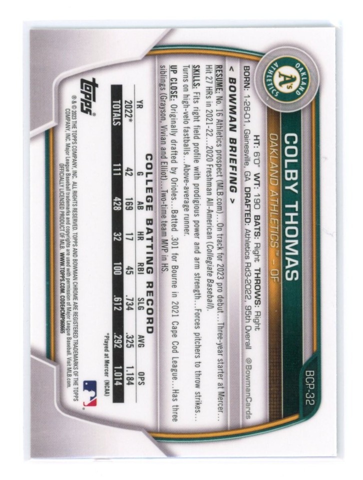 Colby Thomas 1st Chrome Rookie Card RC 2023 Bowman Prospects BCP-32 ...