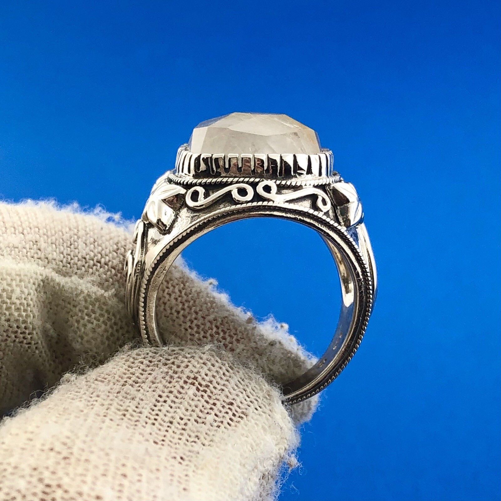 Lovely Sterling Silver 925 Floral Printed Reticulated Quartz Dome Ring ...