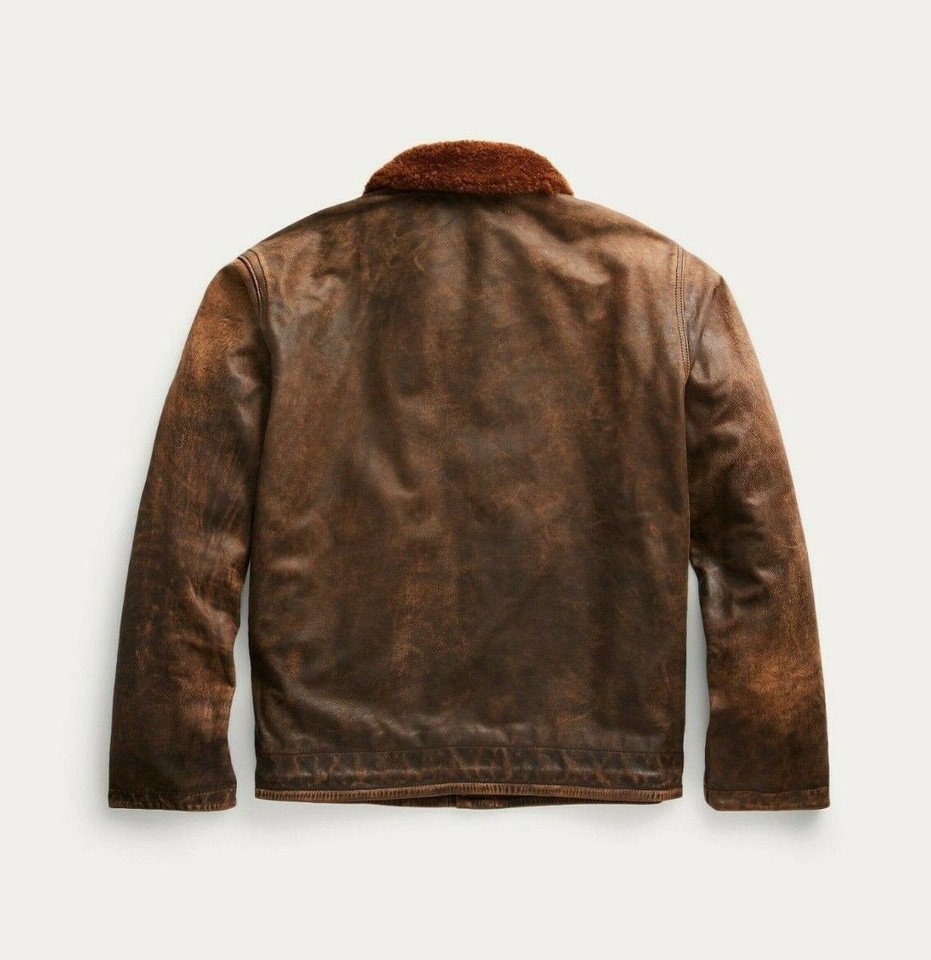 RRL Ralph Lauren Shearling Leather Brown Distressed Deck Jacket Men's ...