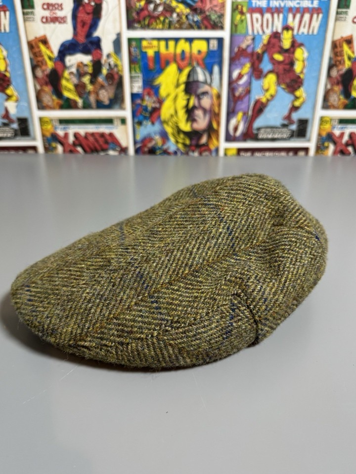Harris Tweed 100% Wool Flat Cap Mens Herringbone Green Shooting Walking ...