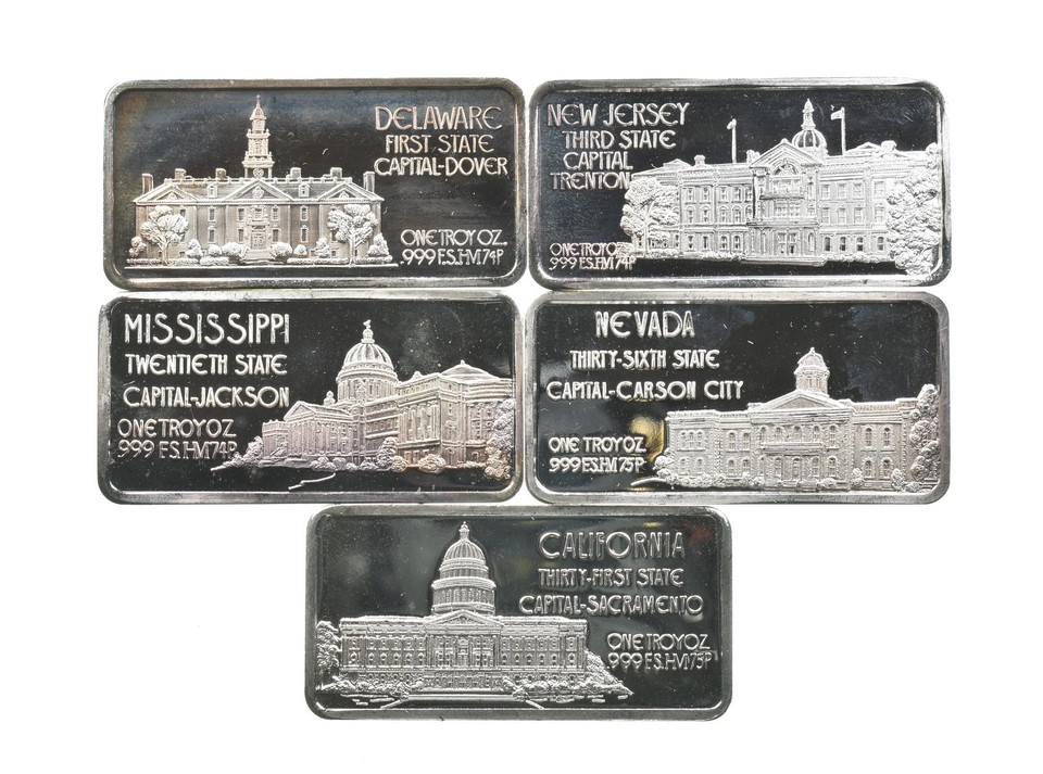 Lot 5 VINTAGE 1 Oz Silver Bars/Rounds Art Bars Collection Poured .999 * ...