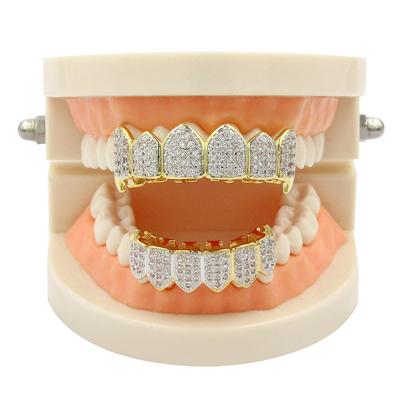 Hip Hop Grillz Top&Bottom Set Fangs Bling Teeth Grills Iced Out AAA+ CZ ...