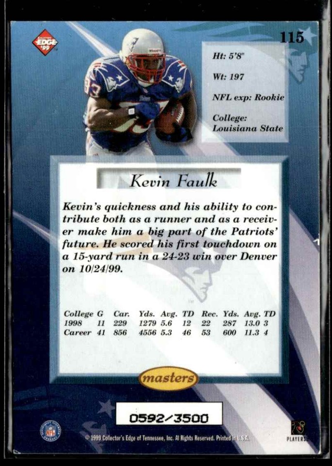 1999 Collector's Edge Masters Kevin Faulk Rookie /2000 New England ...