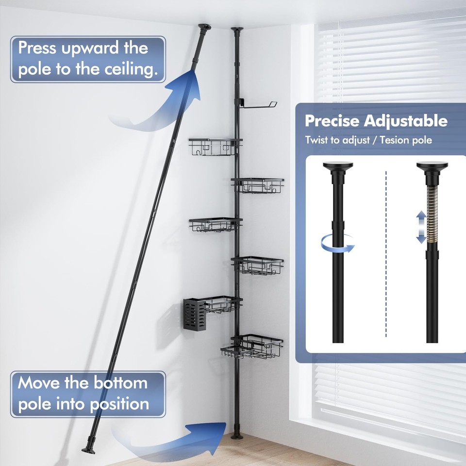 Corner Shower Caddy Tension Pole 6-Tier Rustproof Bathroom Organizer ...