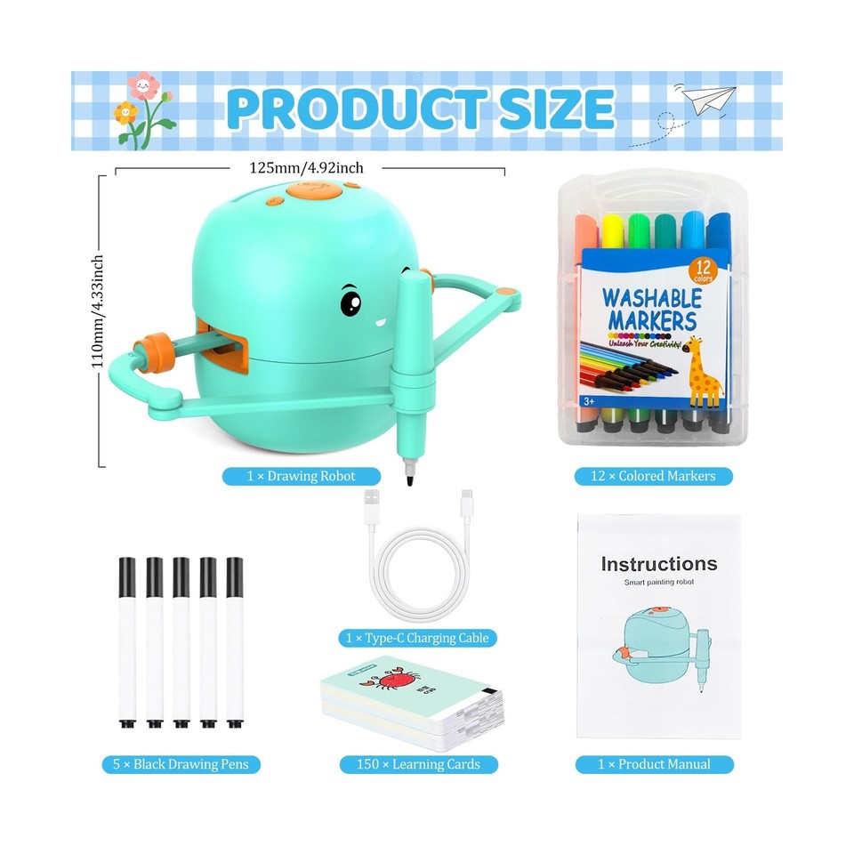 Drawing Robot for Kids with 150 Learning Cards and 17 Colorful Pens ...