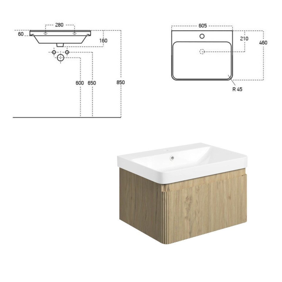 Oak Vanity Unit Sink Bathroom Cabinetry Ribbed Textured Wall Hung ...