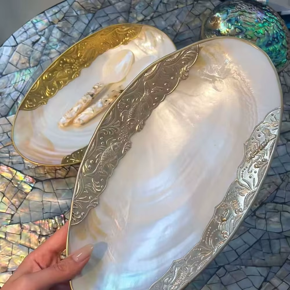 Large Vintage Silver Edge Shell Tray 24Cm, Jewelry Display Bowl, Luxury Beach Ho | eBay