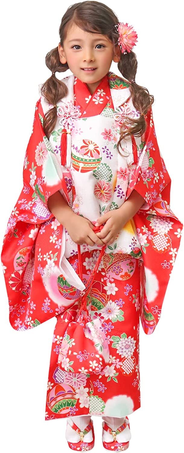 Full Kimono Set Girls Ceremony Celebration 3years New Years Red White ...