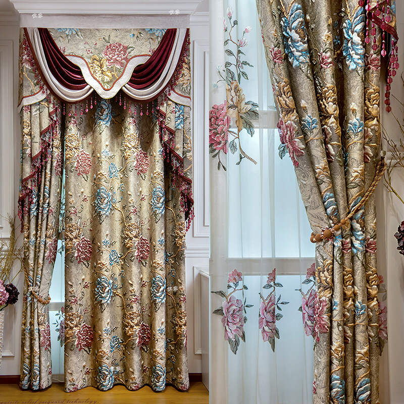 luxury European embroider relief thick shade window valance curtain ...
