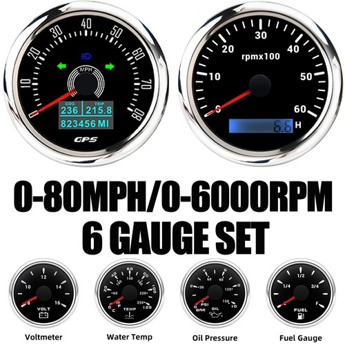 6 Gauge Set 85mm Boat 80MPH GPS Speedometer&Tachometer 6000RPM Gauge ...