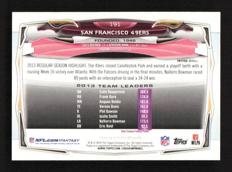 2014 Topps Football Team Leaders Card #191 San Francisco 49ers | eBay