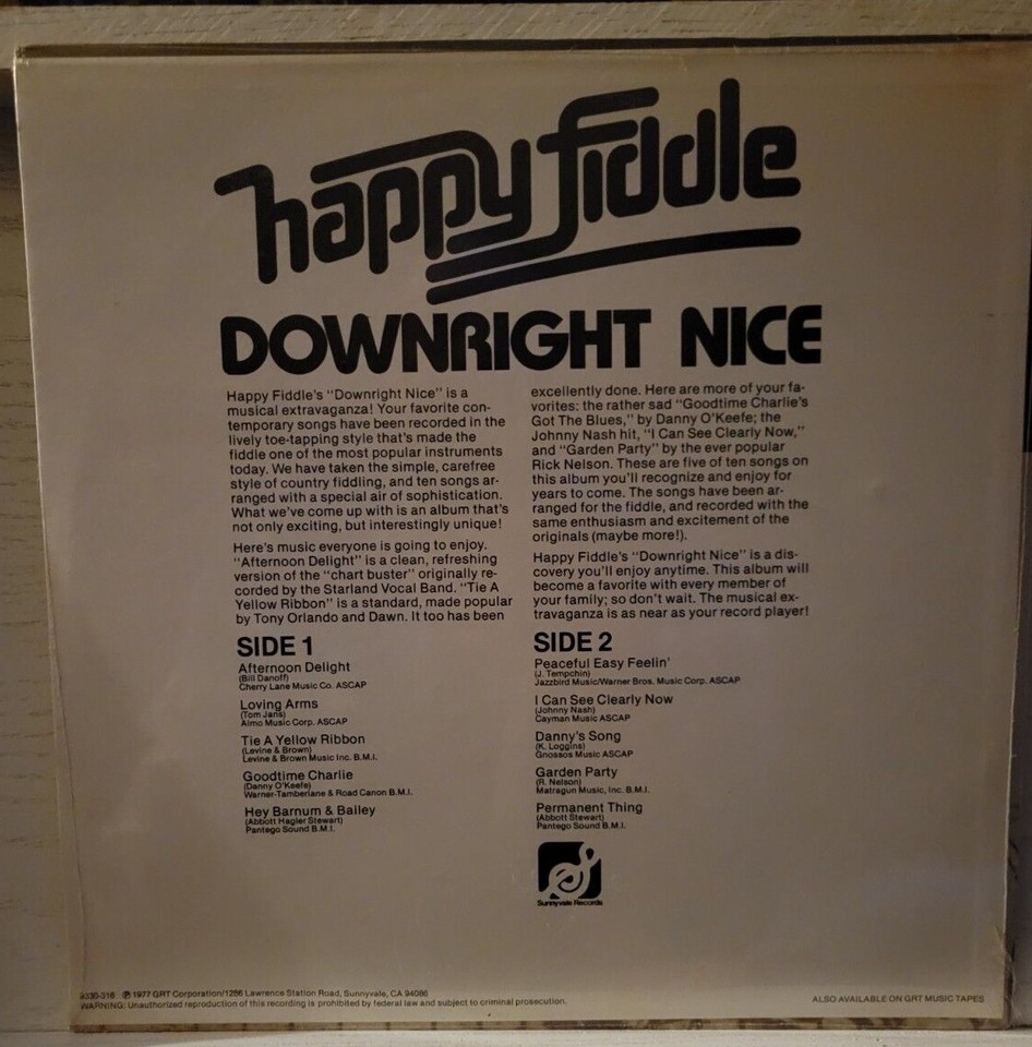HAPPY FIDDLE "DOWNRIGHT NICE" 1977 Original Vinyl LP Record Album NEW ...