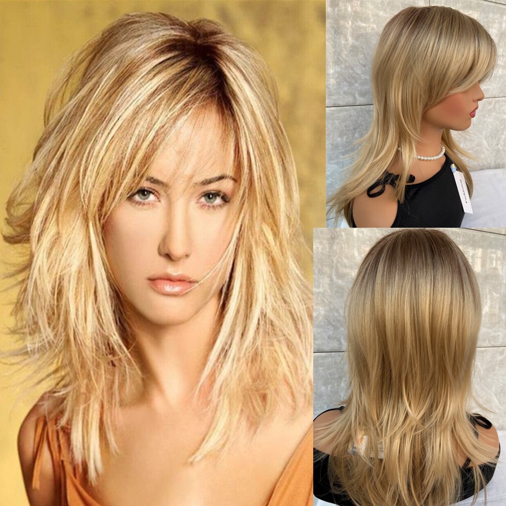Layered Messy Straight Mid-Length Blonde Human Hair Blend Heat Ok Wig ...