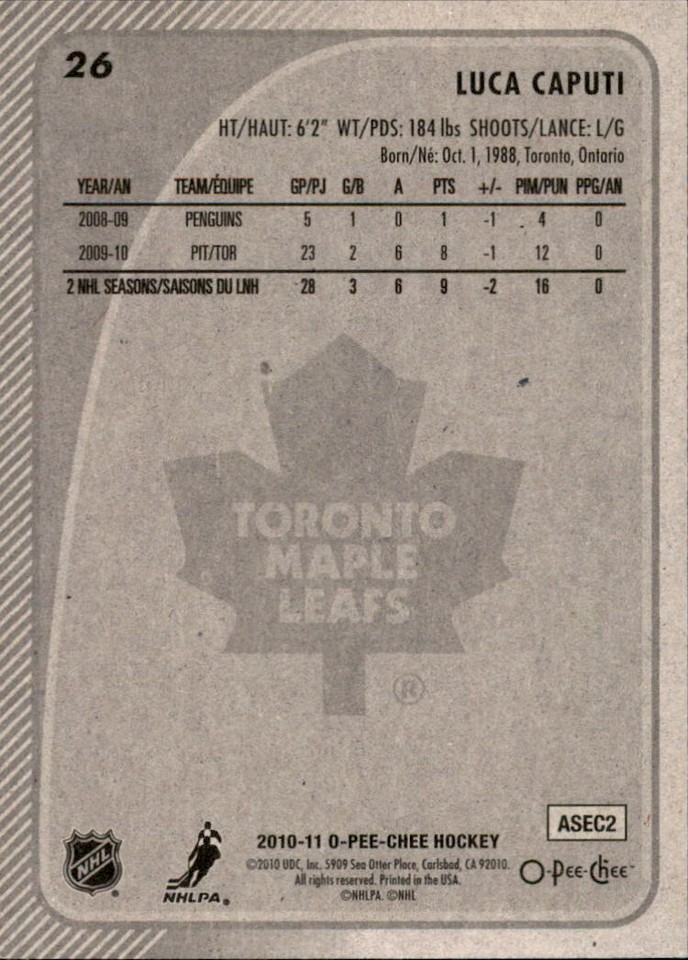 Luca Caputi Signed Auto 2010-11 O-Pee-Chee card Toronto Maple Leafs | eBay