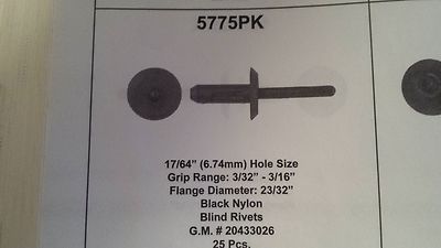 25 Pcs per Pack 17/64'' hole size Black Nylon Blind Rivets GM 20433026 ...