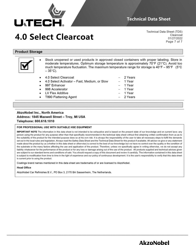 UTECH AkzoNobel U-TECH 4.0 Select Clear Coat Med Harden - Two 1.25 ...