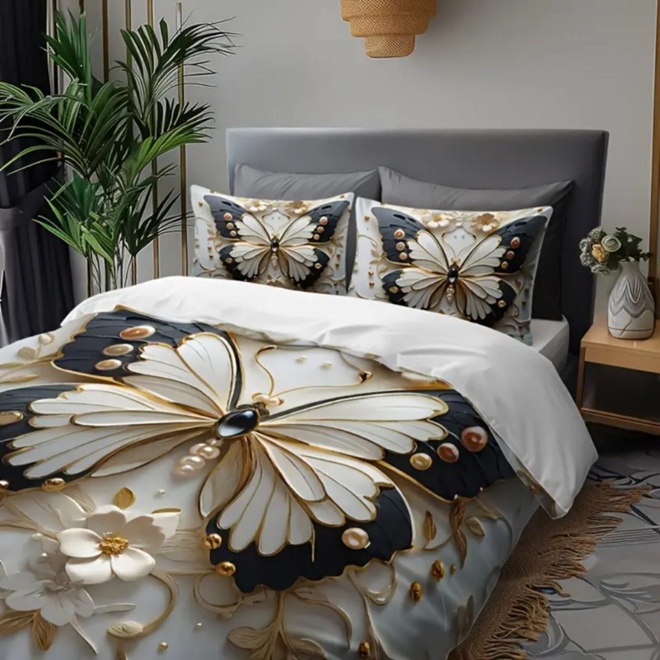 3pcs Butterfly Floral Duvet Cover Set 1 Duvet Cover 2 Pillowcases ...