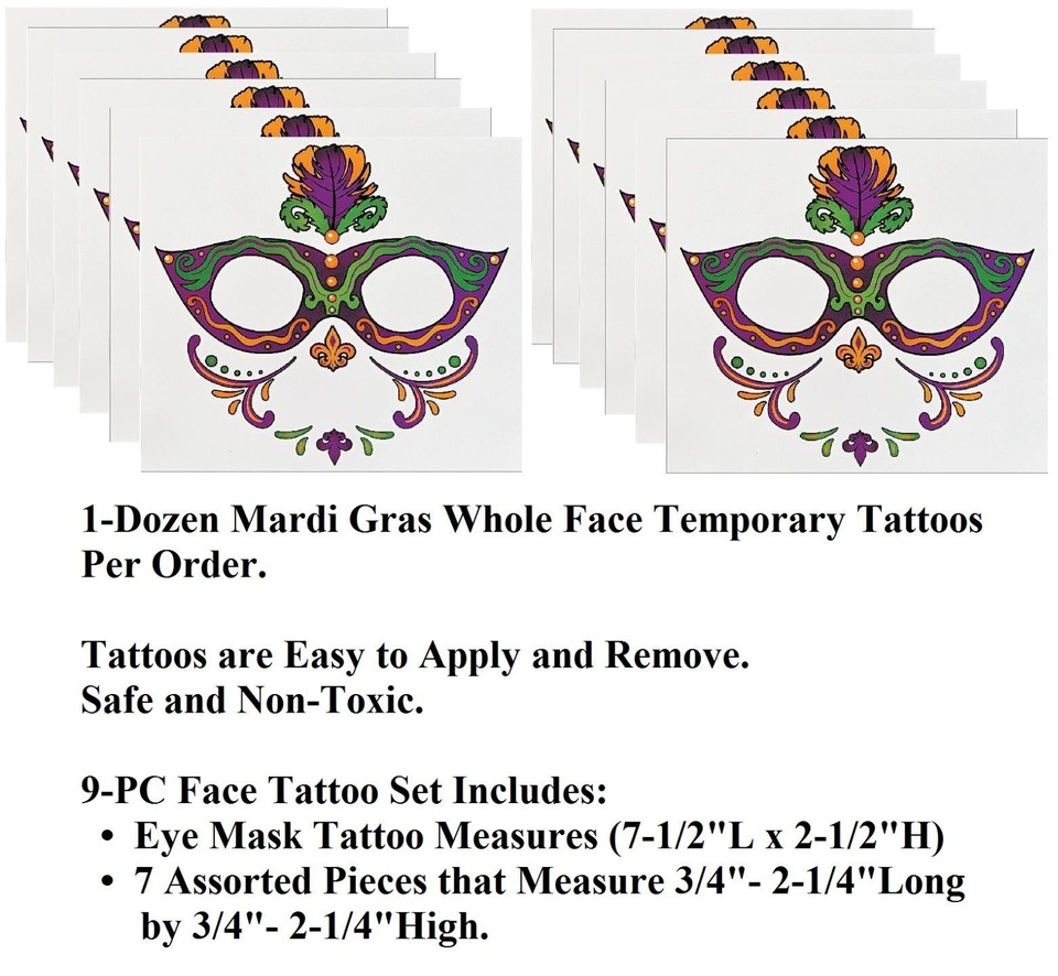 12-PC Mari Gras Colorful Full Face Eye Mask Temporary Tattoos Party ...