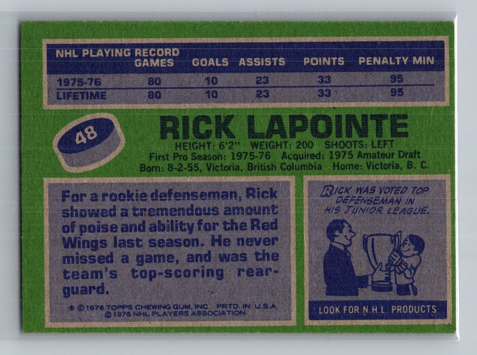 1976-77 Topps Rick Lapointe #48 - Detroit Red Wings - EX to EX+ | eBay