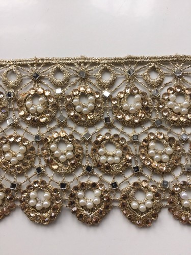 INDIAN FINE GOLD THREAD CUTWORK CRYSTALS, PEARL & MIRRORS LACE/TRIM-1 ...