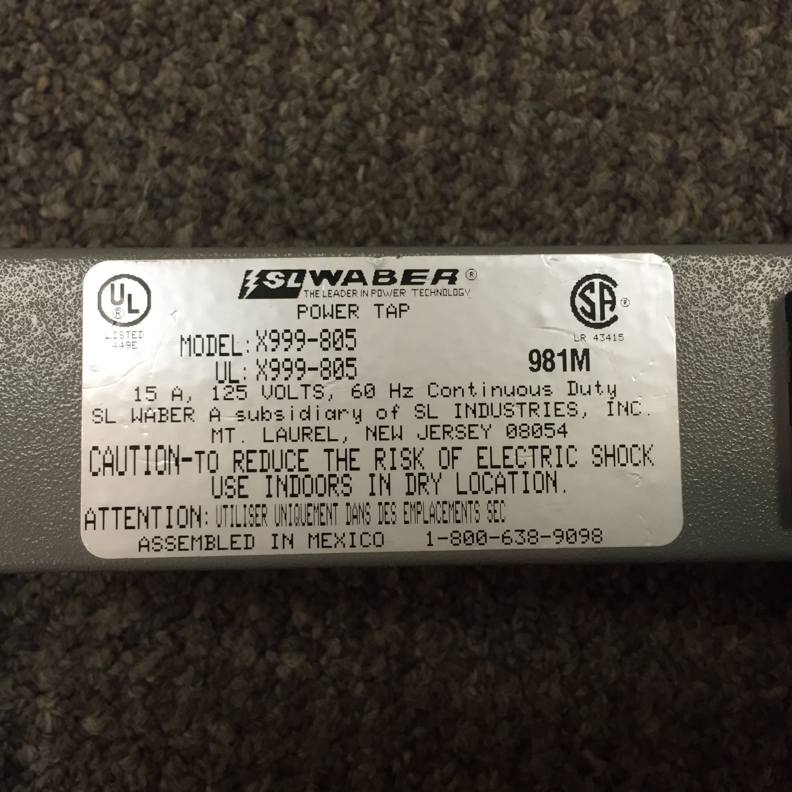 SL Waber 3ft Power Tap 10 Electrical Outlets X999-805 15A 125V 60Hz | eBay