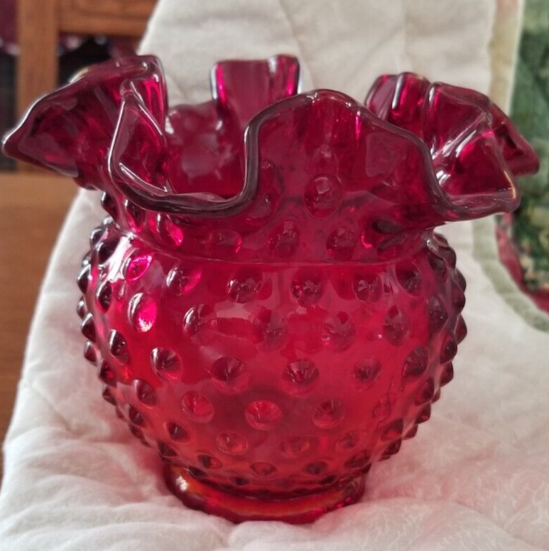 Fenton Hobnail Ruby Red w Yellow Crest 4½" Mini Double Crimped 3854 | eBay