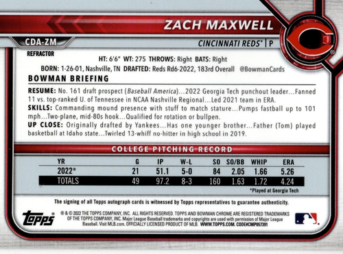 2022 Bowman Draft - Chrome Draft Pick Autographs Zach Maxwell #CDA-ZM ...