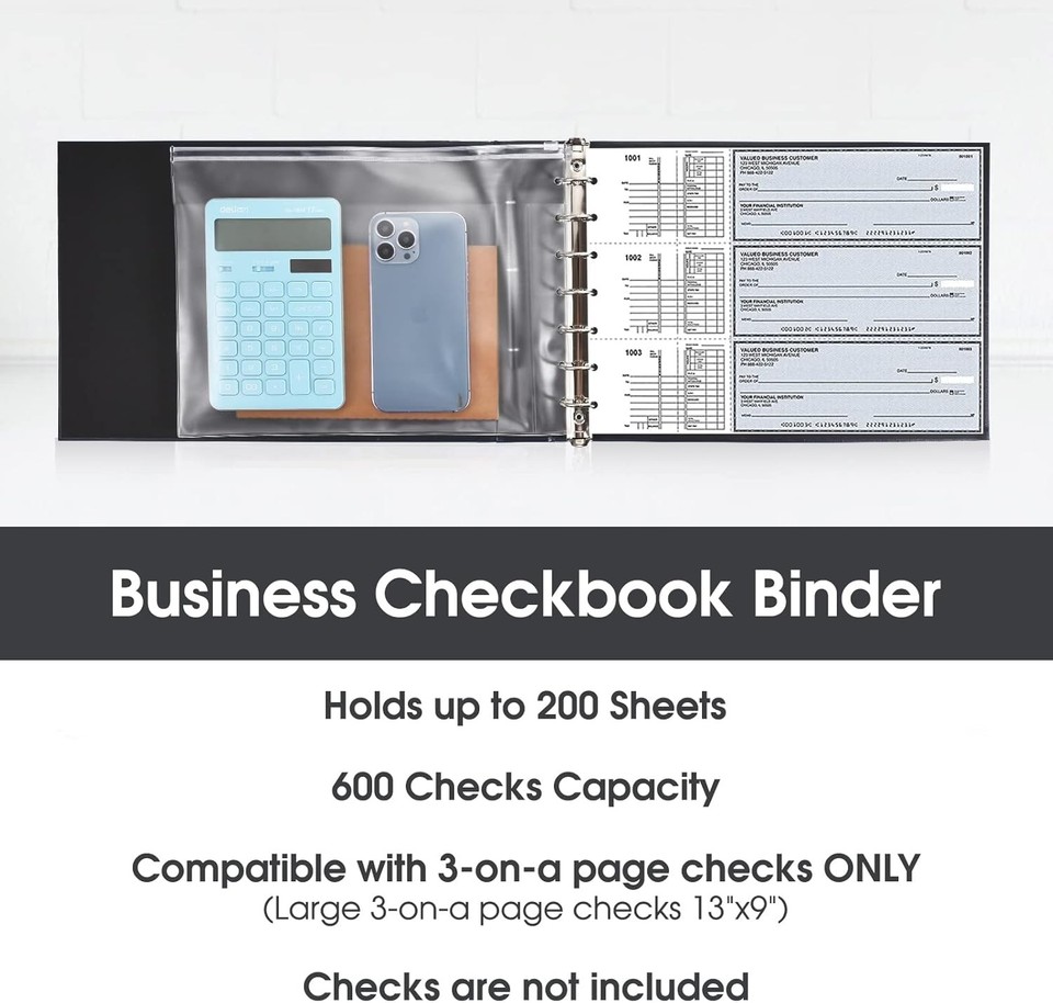 7 Ring Check Binder, 3-On-A-Page Business Checkbook Holder, 500 Checks ...