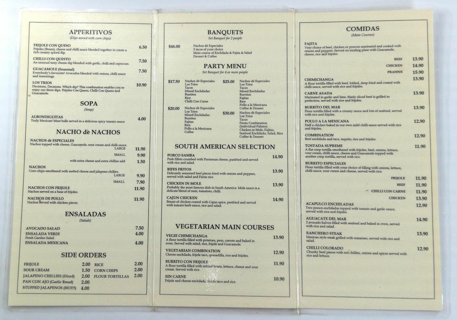 Vintage Laminated Menu FIESTA MEXICAN RESTAURANT South Yarra Australia ...