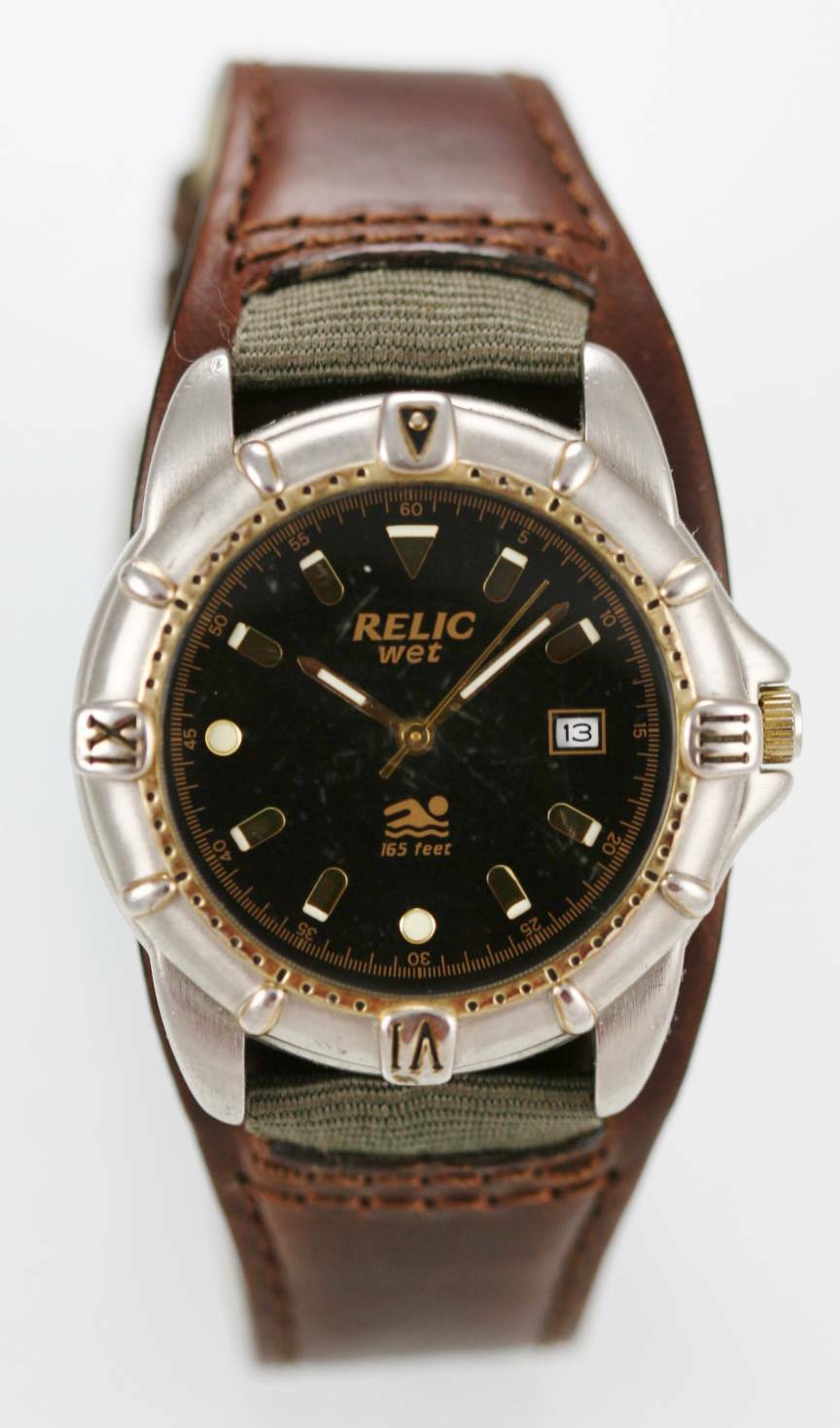 Relic Watch Men Date Stainless Silver Gold Steel Brown Leather 50m ...