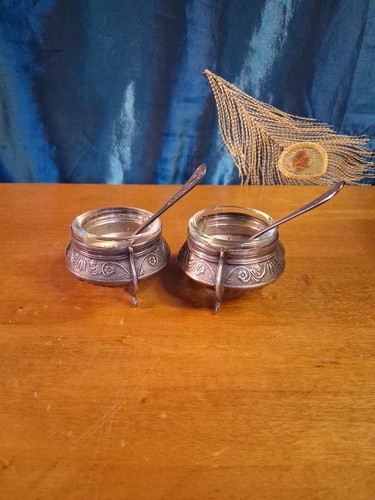 (2) Vintage Russian Silver and Glass Salt Cellar Dip STERLING SPOONS ...