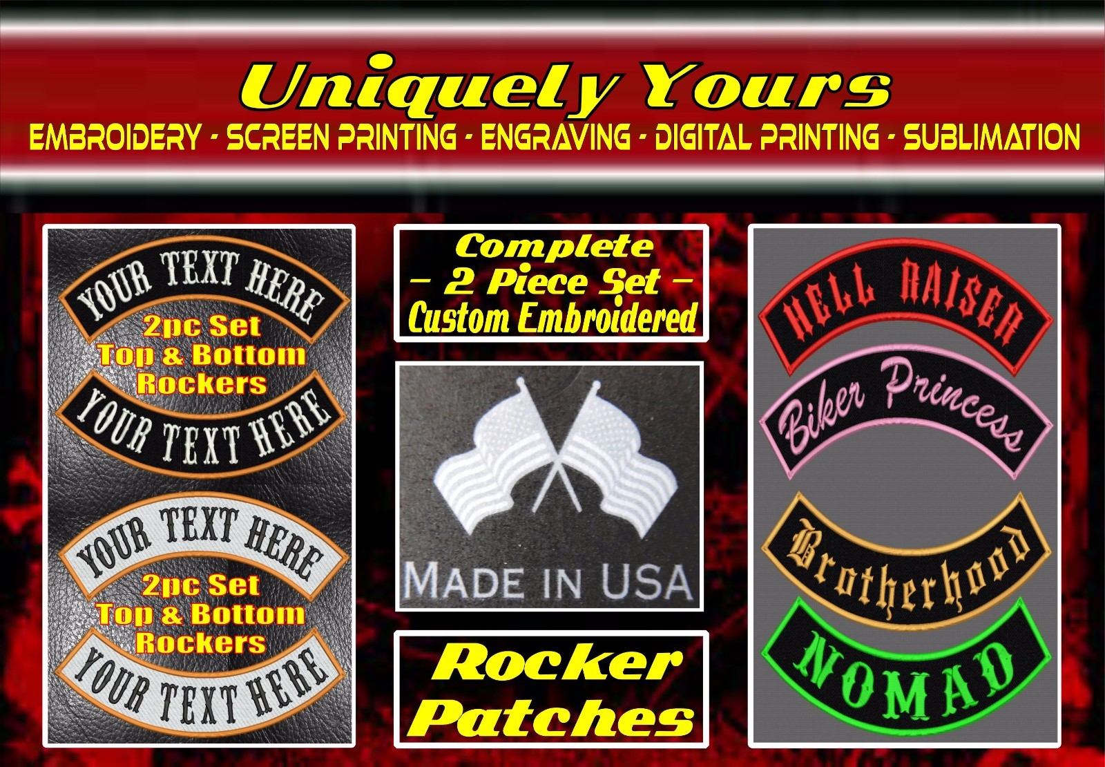 Custom Embroidered MC Rocker Patches 2 pc Set 13" Top And Bottom Biker ...