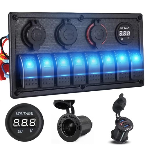 8 Gang Switch Panel 12V / 24V Car Boat Marine Blue LED Rocker Breaker ...