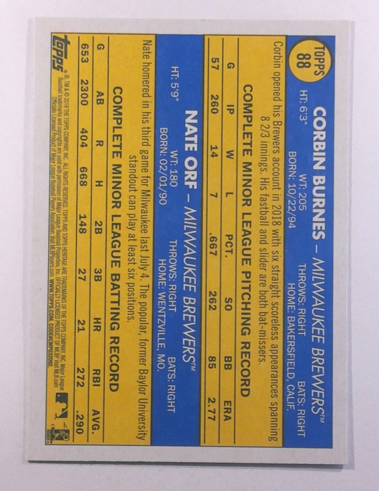 2019 Topps Heritage #88 Nate Orf Corbin Burnes | eBay