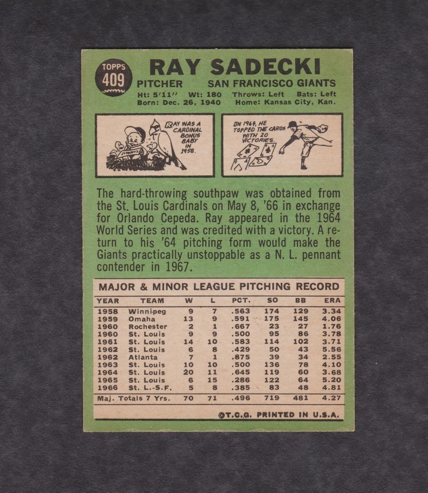 1967 Topps Baseball Card #409 Ray Sadecki San Francisco Giants EXMT O/C ...