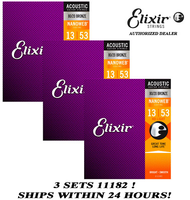 *3 SETS ELIXIR 11182 80/20 BRONZE ACOUSTIC NANOWEB GUITAR STRINGS LIGHT ...