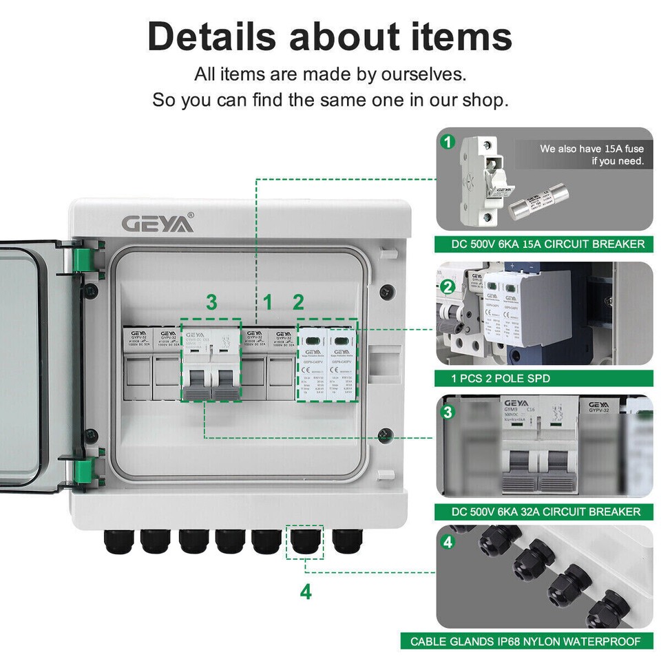 GEYA Solar PV Combiner Box Plastic 15A 2string 500DC Circuit Breaker ...