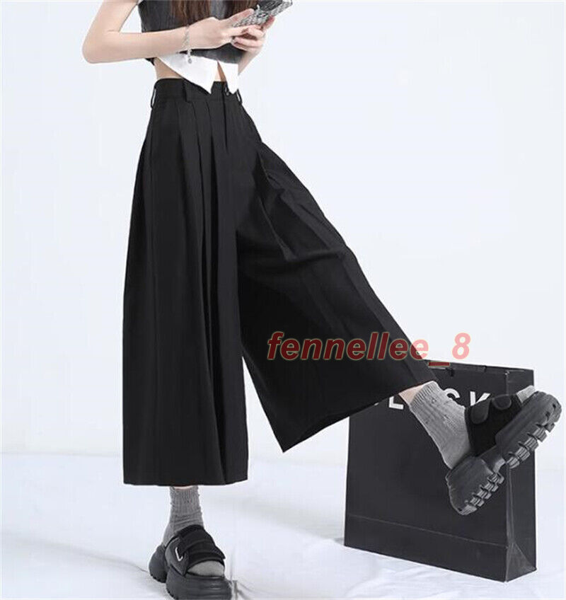 Japanese Women Wide-Leg Culottes Pants Pleated High Waist Pants Casual ...