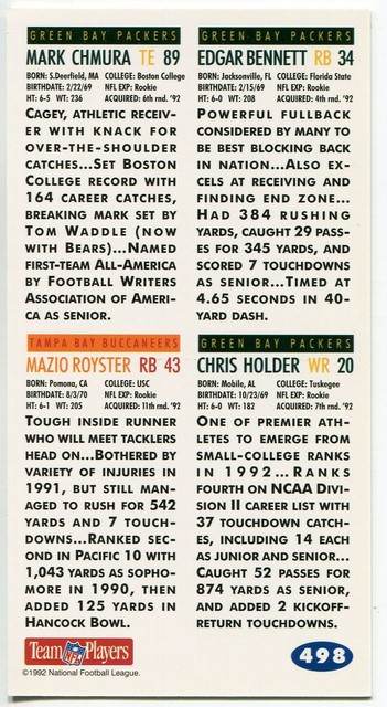 1992 GameDay - #498 Edgar Bennett, Mazio Royster, Mark Chmura, Chris ...